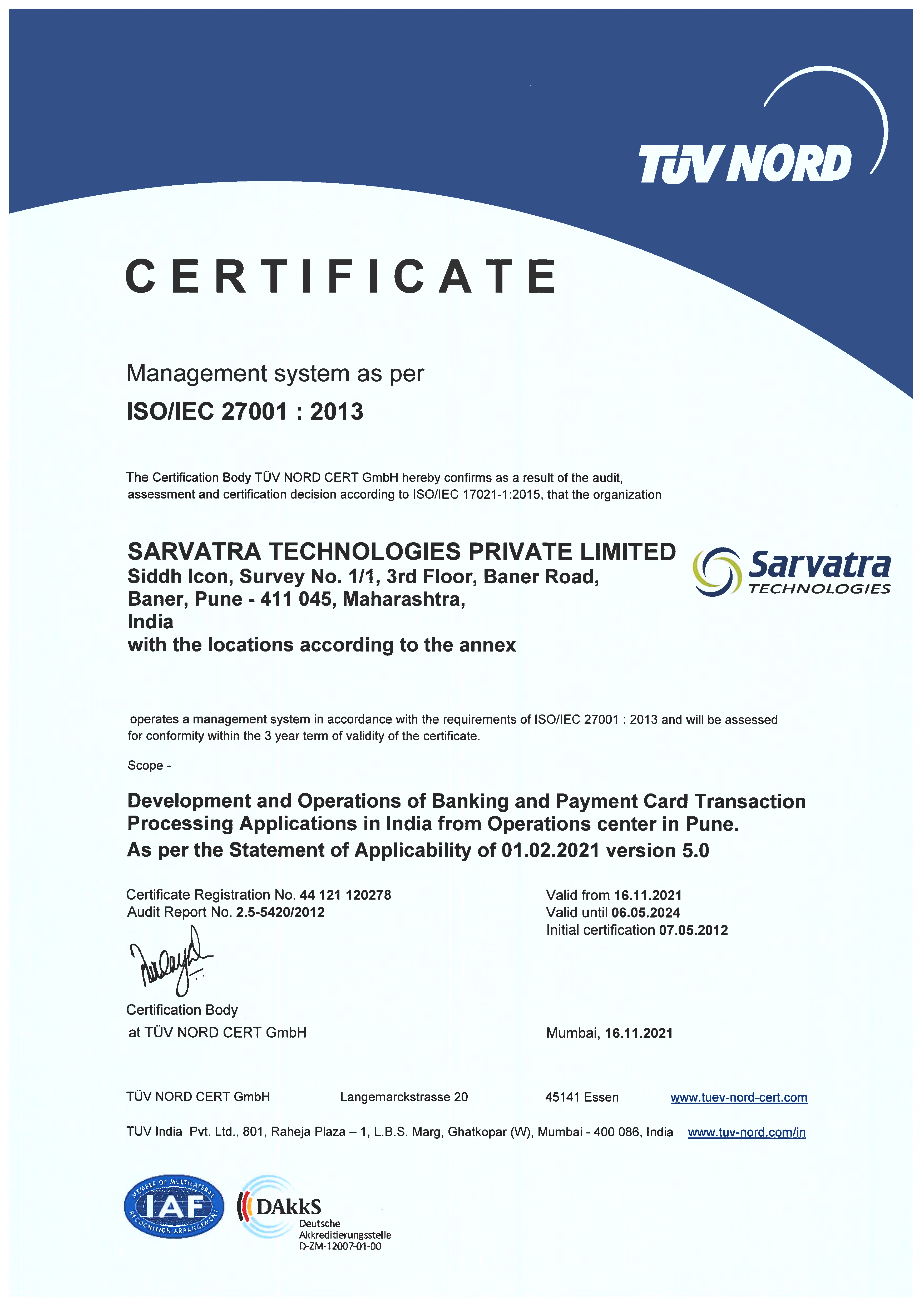Sarvatra-ISO-27001-2021-2024 – Sarvatra Technologies